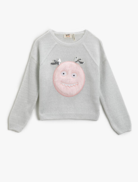 Koton Kız Çocuk Canavar İşlemeli Bisiklet Yaka Kazak Uzun Kollu