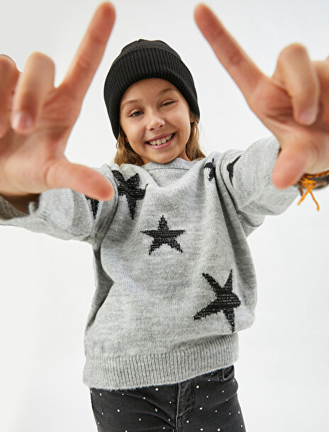 Koton Kız Çocuk Yıldız Baskılı Kazak Bisiklet Yaka