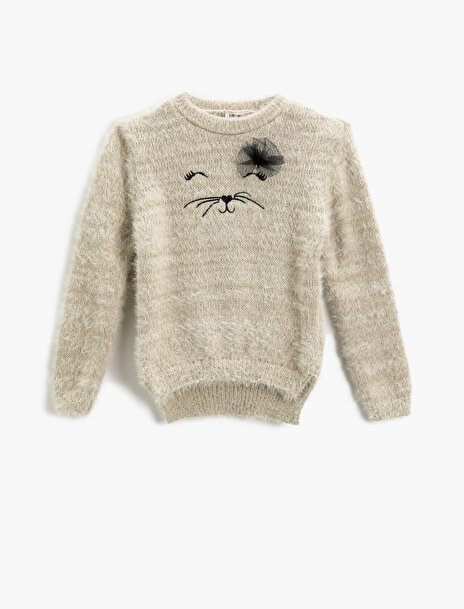 Koton Kız Çocuk Kedi İşlemeli Triko Kazak Tül Detaylı Uzun Kollu