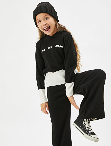 Koton Kız Çocuk İşlemeli Kapüşonlu Sweatshirt Renk Bloklu