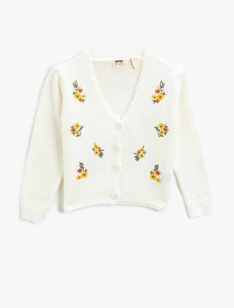 Koton Kız Çocuk Çiçek İşlemeli Triko Hırka V Yaka