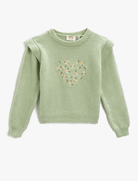 Koton Kız Çocuk Papatya Nakışlı Triko Kazak Uzun Kollu Bisiklet Yaka