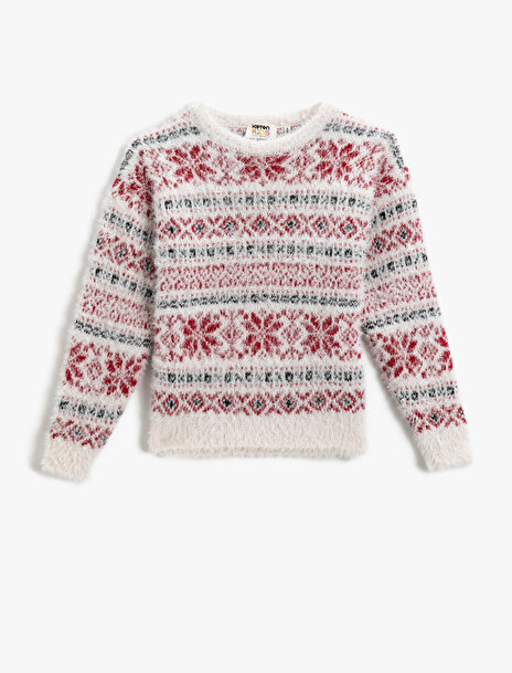 Koton Kız Çocuk Desenli Triko Tüylü Uzun Kollu Kazak