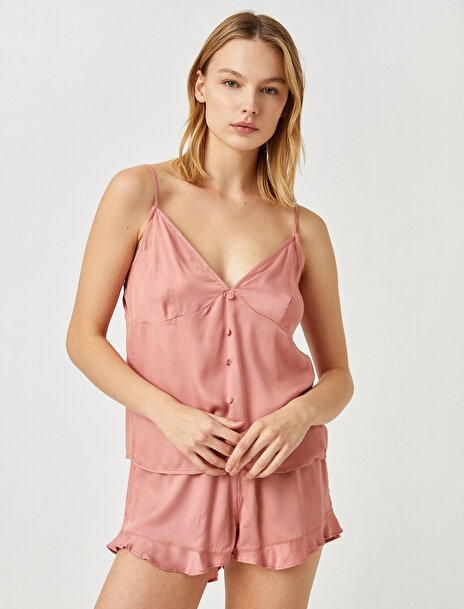 Koton Kadın İnce Askılı V Yaka Düğmeli Saten Atlet