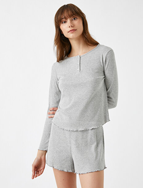 Koton Kadın Fitilli Fırfırlı Pijama Üstü Koton Kadın Fitilli Fırfırlı Pijama Üstü