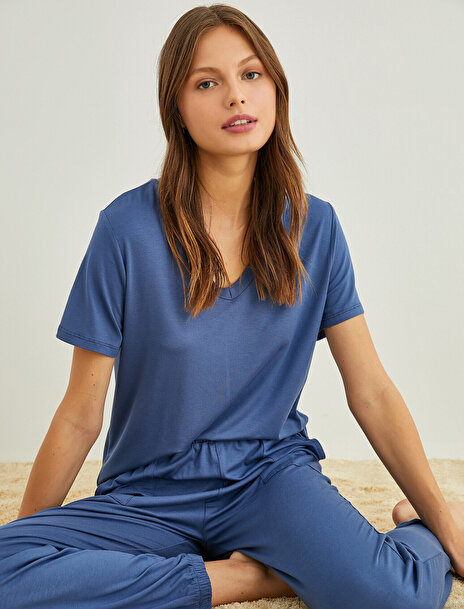 Koton Kadın V Yaka Pijama Üstü Kısa Kollu