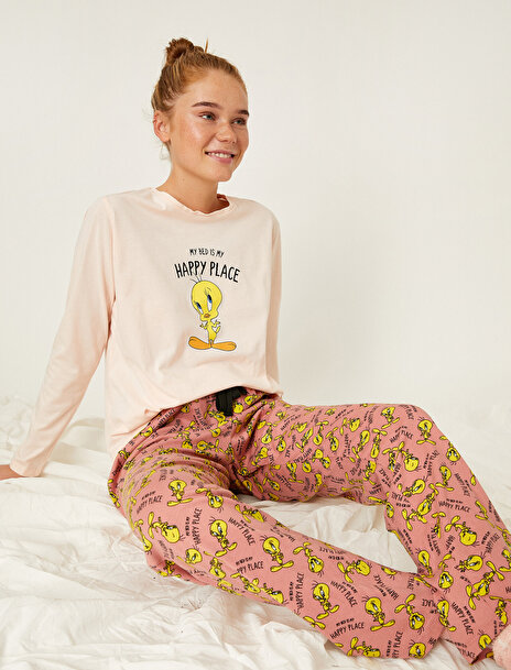 Koton Kadın Tweety Lisanslı Baskılı Desenli Uzun Kollu Pamuklu Pijama Seti