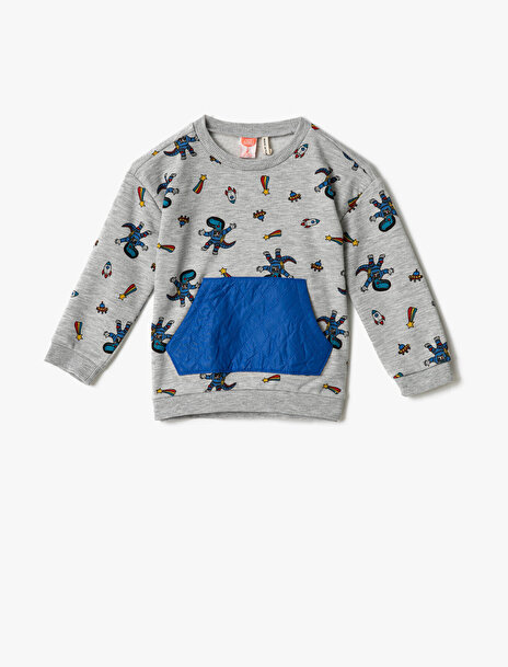 Koton Erkek Çocuk Baskılı Kanguru Cepli Sweatshirt Bisiklet Yaka