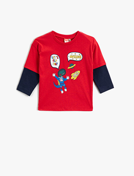 Koton Erkek Çocuk Astronot Dinozor Baskılı Tişört Uzun Kollu Pamuklu