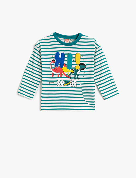 Koton Erkek Çocuk Çizgili Dinozor Baskılı Uzun Kollu Tişört Pamuklu