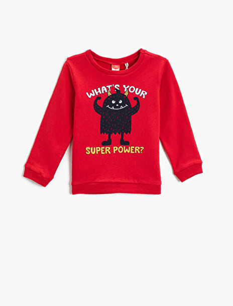Koton Erkek Çocuk Canavar Baskılı Bisiklet Yaka Sweatshirt Pamuklu