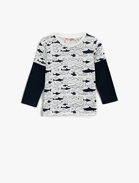 Koton Erkek Çocuk Köpek Balığı Baskılı Tişört Uzun Kollu Bisiklet Yaka