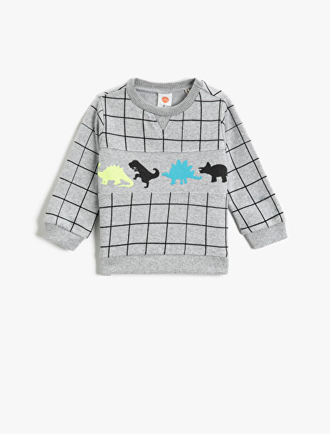 Koton Erkek Çocuk Çizgili Dinozor Baskılı Bisiklet Yaka Sweatshirt