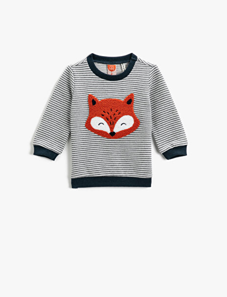 Koton Erkek Çocuk Hayvan İşlemeli Çizgili Sweatshirt Bisiklet Yaka Pamuklu