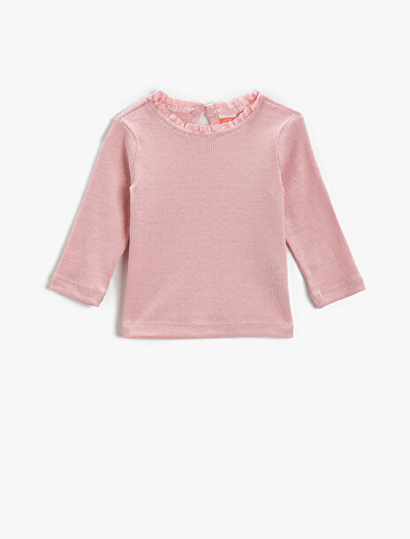 Koton Kız Çocuk Yakası Fırfırlı Tişört Uzun Kollu Pamuklu