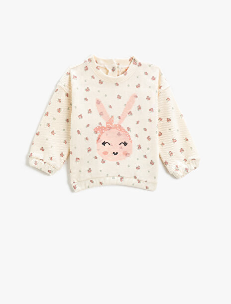 Koton Kız Çocuk Tavşan Baskılı Sweatshirt Bisiklet Yaka Pamuklu