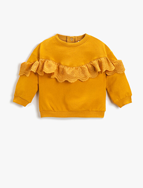 Koton Kız Çocuk Fırfır İşlemeli Sweatshirt Bisiklet Yaka Pamuklu