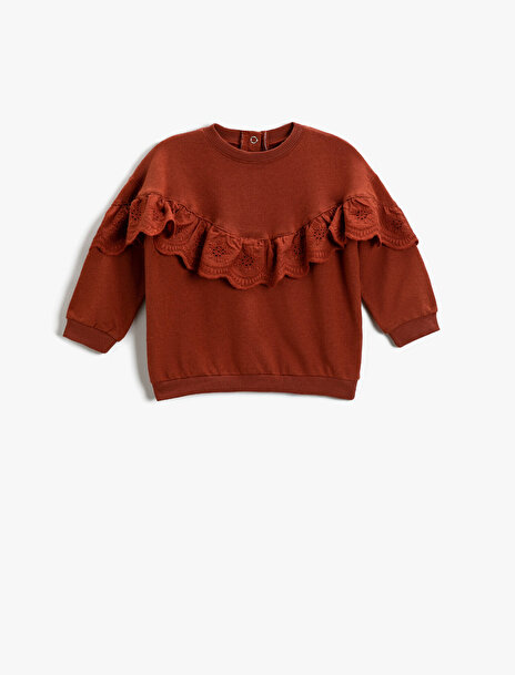 Koton Kız Çocuk Fırfır İşlemeli Sweatshirt Bisiklet Yaka Pamuklu