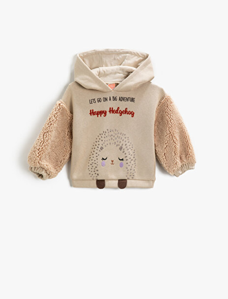 Koton Kız Çocuk Kapüşonlu Baskılı Peluş Kol Sweatshirt Pamuklu