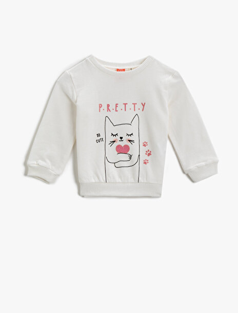 Koton Kız Çocuk Kedi Baskılı Sweatshirt Pamuklu