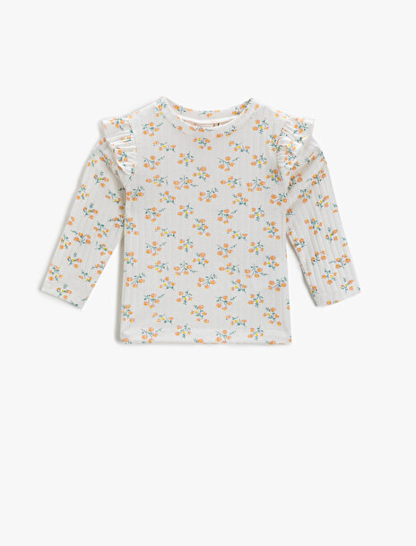 Koton Kız Çocuk Çiçekli Tişört Fırfırlı Uzun Kollu Bisiklet Yaka