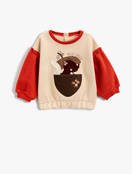 Koton Kız Çocuk Hayvan Desenli Sweatshirt Balon Kol Pamuklu