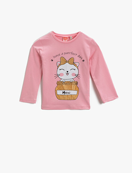Koton Kız Çocuk Kedi Baskılı Tişört Pamuklu Bisiklet Yaka