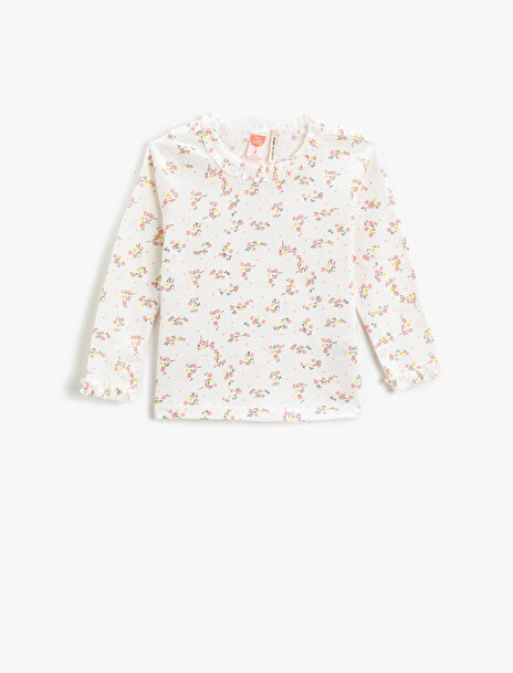 Koton Kız Çocuk Çiçek Desenli Uzun Kollu Tişört Fırfır Yaka Pamuklu