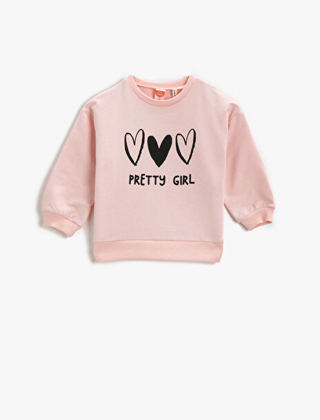 Koton Kız Çocuk Kalp Baskılı Sweatshirt Bisiklet Yaka Uzun Kollu Pamuklu