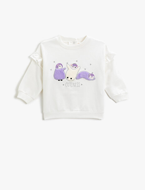 Koton Kız Çocuk Hayvan Baskılı Fırfır Detaylı Sweatshirt Bisiklet Yaka Pamuklu