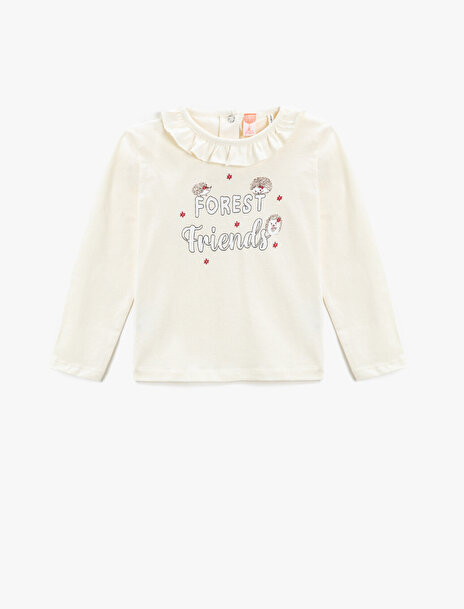 Koton Kız Çocuk Yakası Fırfırlı Baskılı Uzun Kollu Tişört Pamuklu