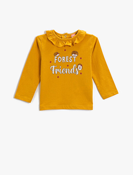 Koton Kız Çocuk Yakası Fırfırlı Baskılı Uzun Kollu Tişört Pamuklu