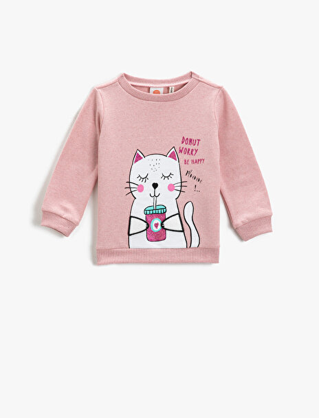 Koton Kız Çocuk Kedi Baskılı Sweatshirt Bisiklet Yaka