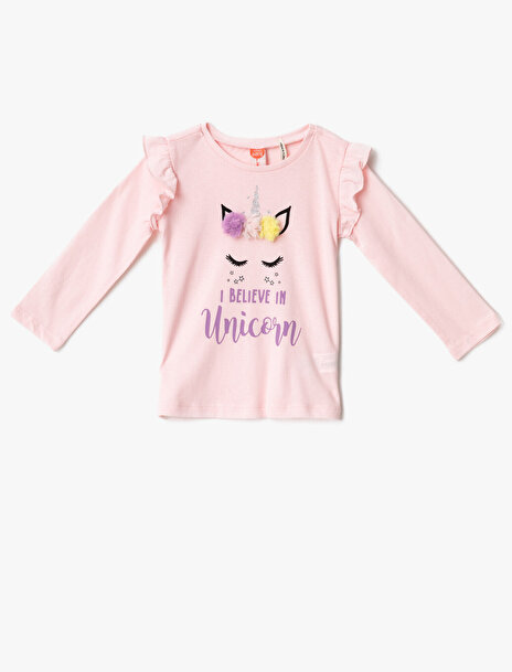 Koton Kız Çocuk Baskılı Fırfırlı Bisiklet Yaka Tişört Uzun Kollu