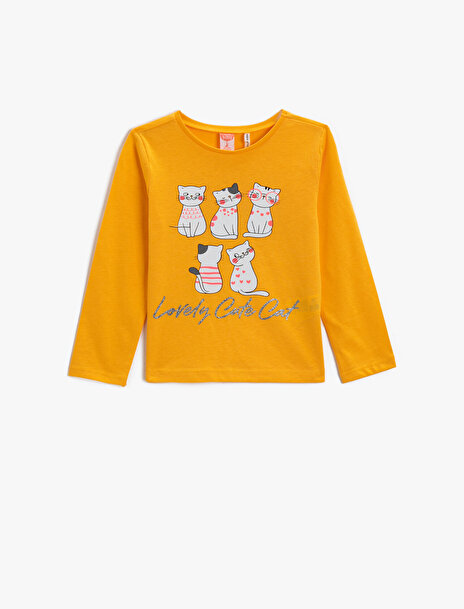 Koton Kız Çocuk Kedi Baskılı Tişört Uzun Kollu Pamuklu
