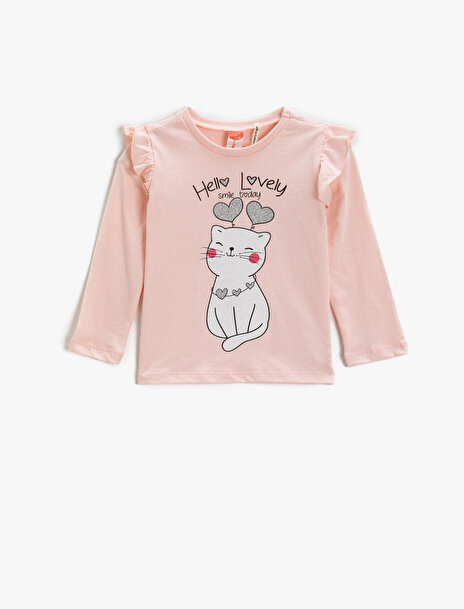 Koton Kız Çocuk Kedi Baskılı Tişört Fırfırlı Uzun Kollu