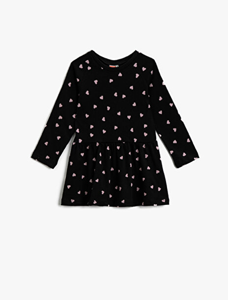 Koton Kız Çocuk Pamuklu Kalp Desenli Elbise Uzun Kollu