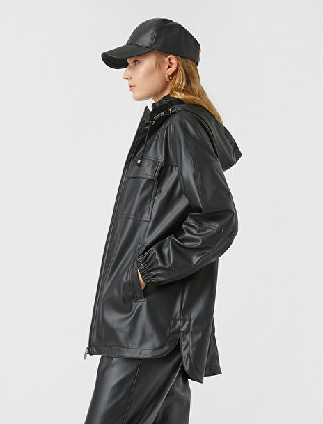 Koton Kadın Deri Görünümlü Kapüşonlu Yağmurluk