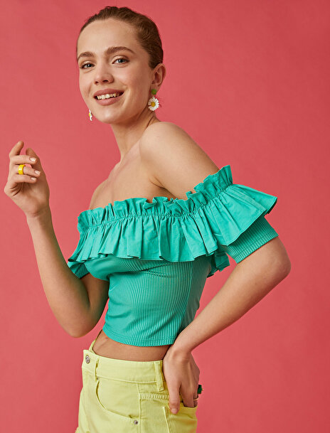 Koton Kadın Crop Atlet Omzu Açık Fırfırlı