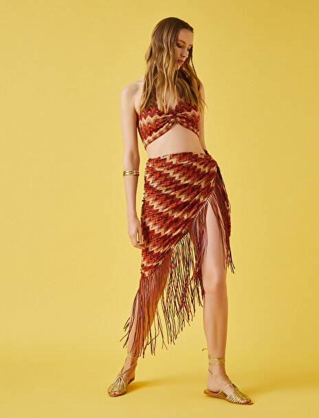 Koton Kadın Ece Sükan X Koton - Desenli Püsküllü Etek