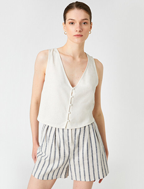 Koton Kadın Düğmeli Yelek V Yaka Keten Karışımlı Koton Kadın Düğmeli Yelek V Yaka Keten Karışımlı