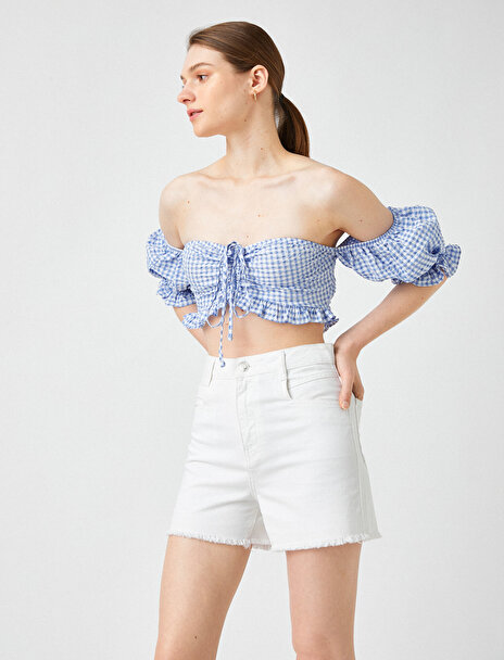 Koton Kadın Crop Bluz Omzu Açık Büzgülü Balon Kollu Koton Kadın Crop Bluz Omzu Açık Büzgülü Balon Kollu