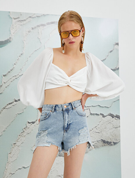 Koton Kadın Şahika Ercümen X Koton - 3/4 Kol Crop Bluz