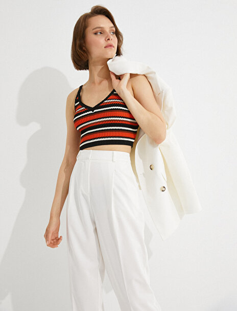 Koton Kadın Melis Ağazat X Koton - Örgü Detaylı Çizgili Crop Atlet