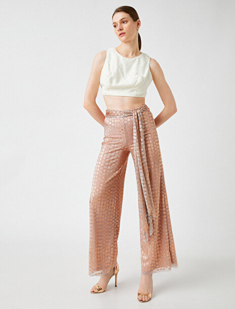 Koton Kadın Bol Paça Pantolon Yüksek Bel Jakarlı Kuşaklı