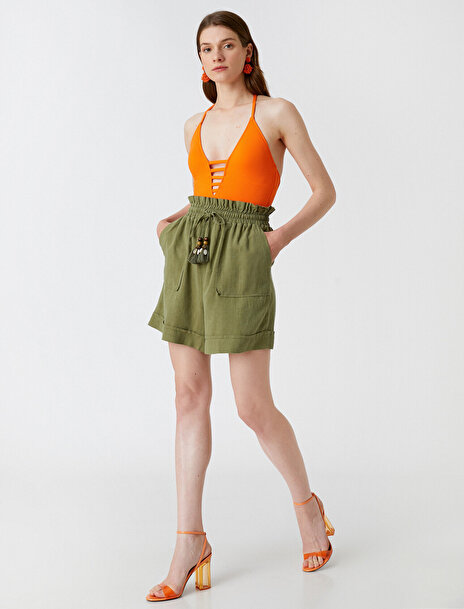 Koton Kadın Keten Karışımlı Şort Cepli Beli Bağlamalı