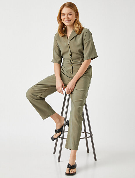 Koton Kadın Beli Lastikli Düğmeli Kısa Kollu Tulum