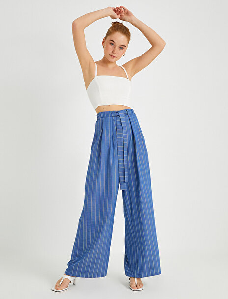 Koton Kadın Geniş Paça Çizgili Pantolon Beli Kuşaklı Koton Kadın Geniş Paça Çizgili Pantolon Beli Kuşaklı