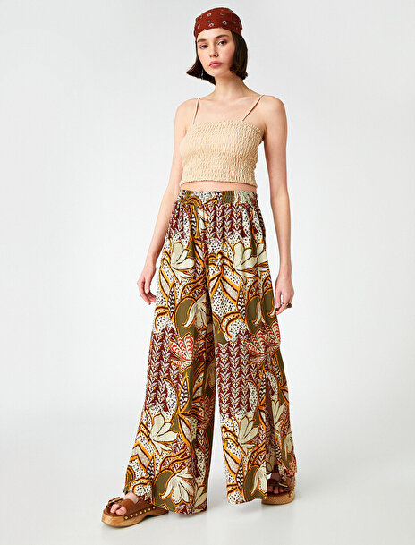 Koton Kadın Yüksek Bel Desenli Bol Paçalı Pantolon