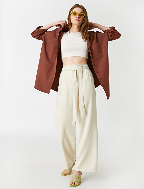 Koton Kadın Palazzo Pantolon Kuşaklı İpek Görünümlü